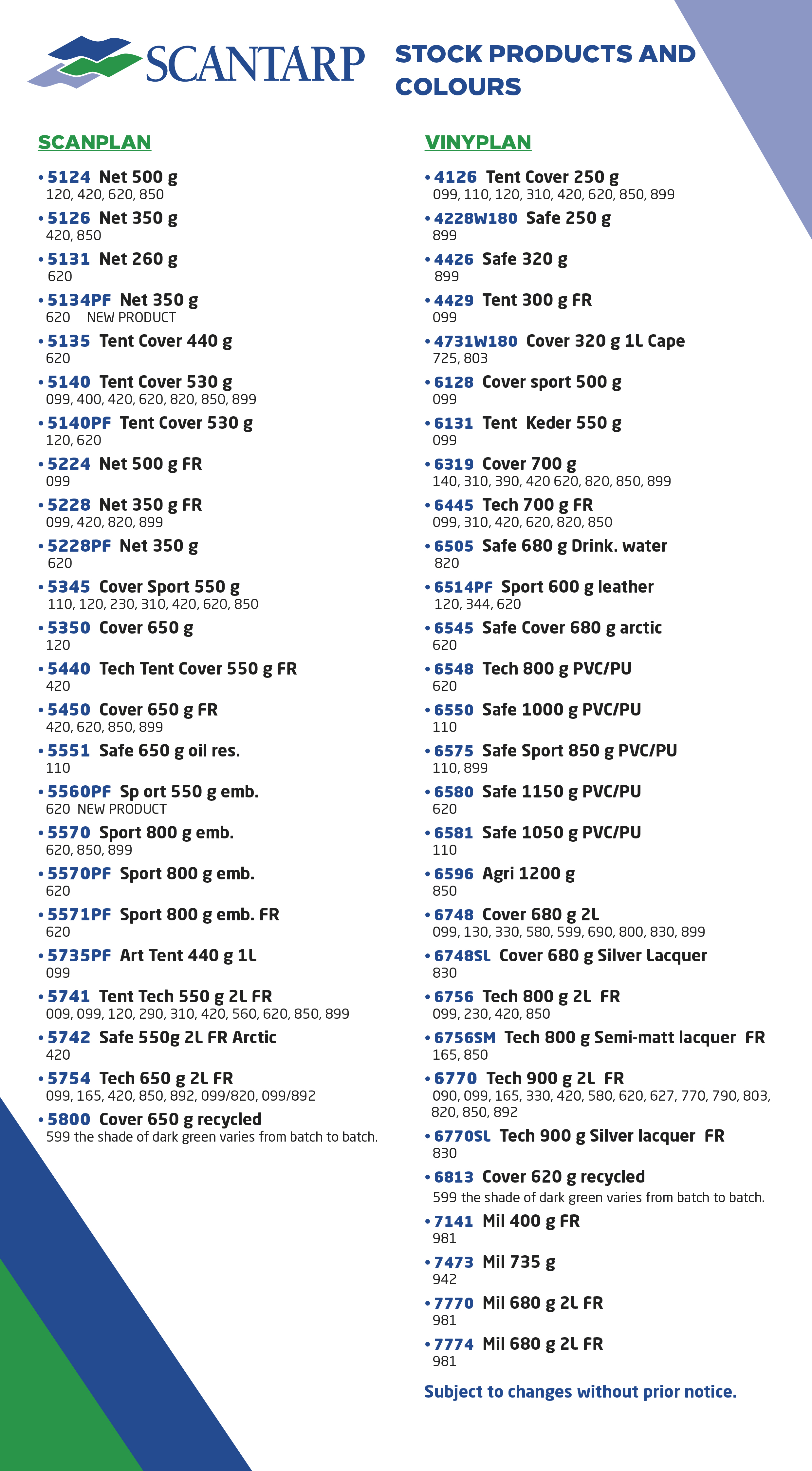 Stock products and colours - Scantarp